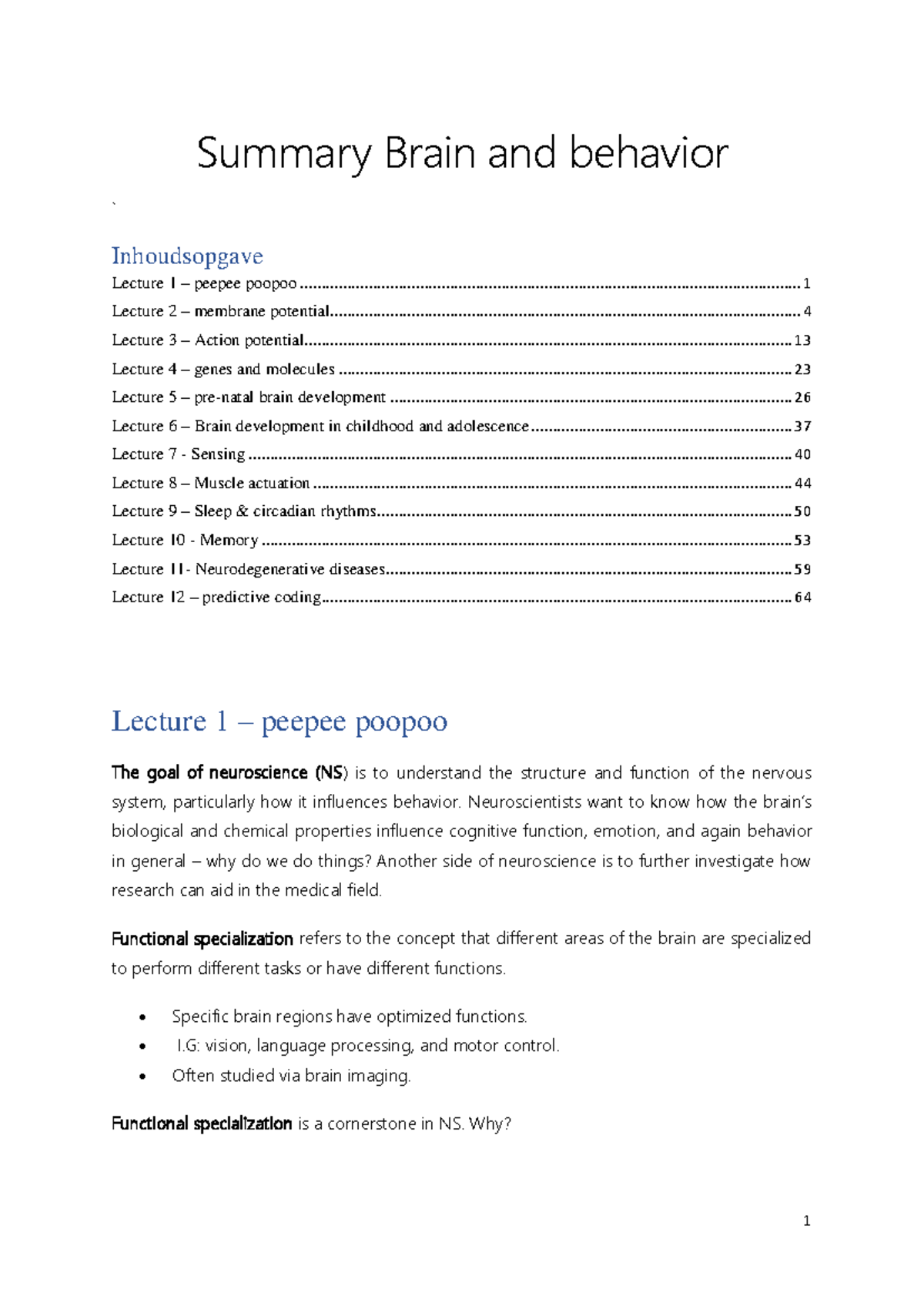 Full B&B Summary (NS) - Brain and Behavior Lecture Notes - Studeersnel