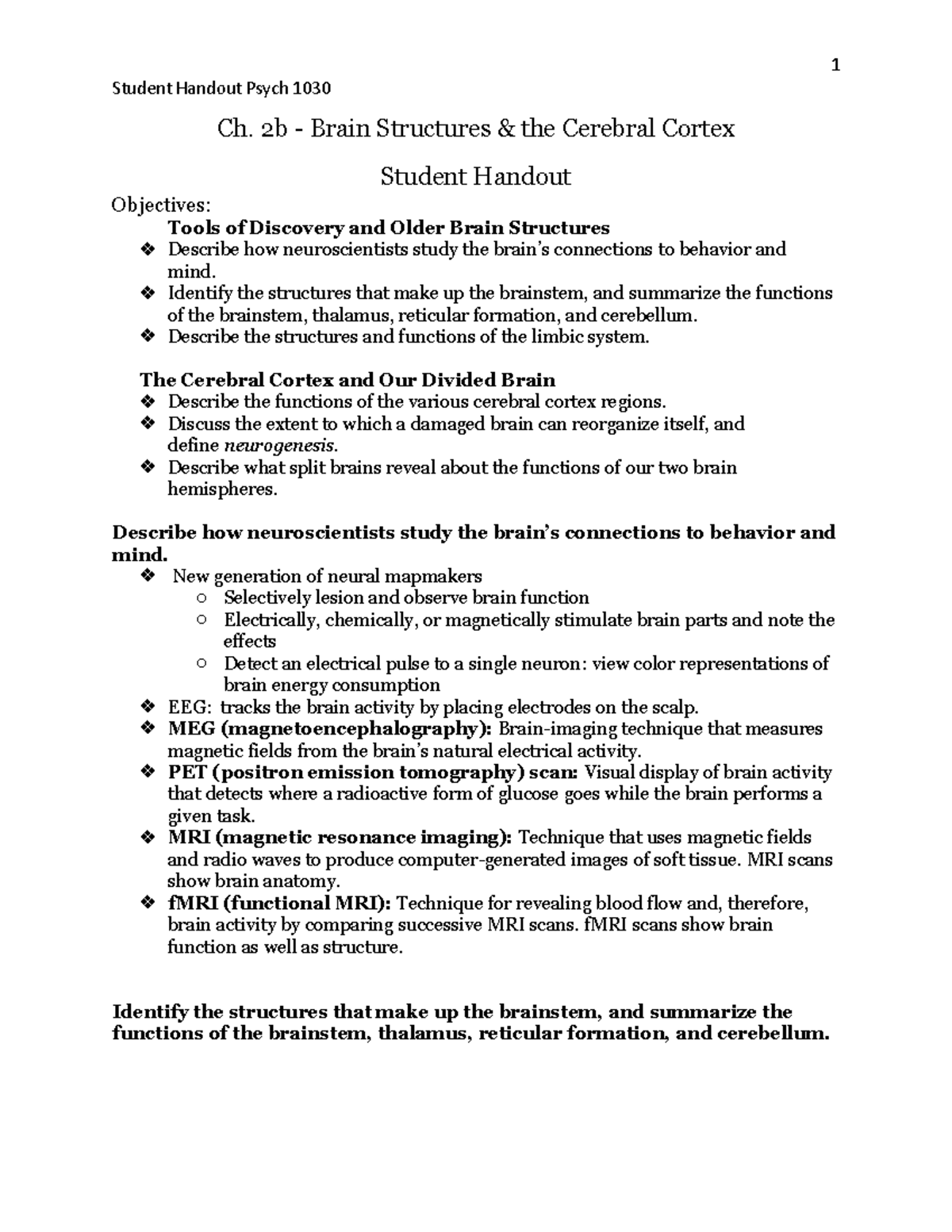 Psych 1030: Chapter 2b - Brain Structures & the Cerebral Cortex Handout ...
