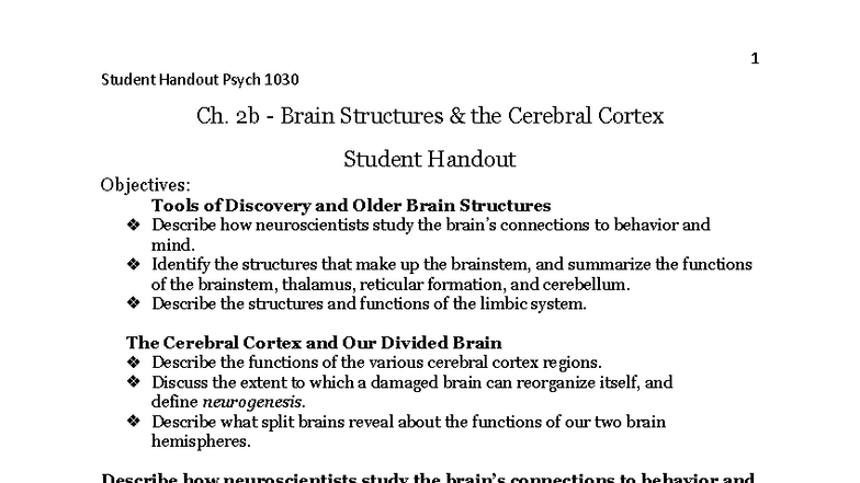 Psych 1030: Chapter 2b - Understanding Brain Structures & Functions ...