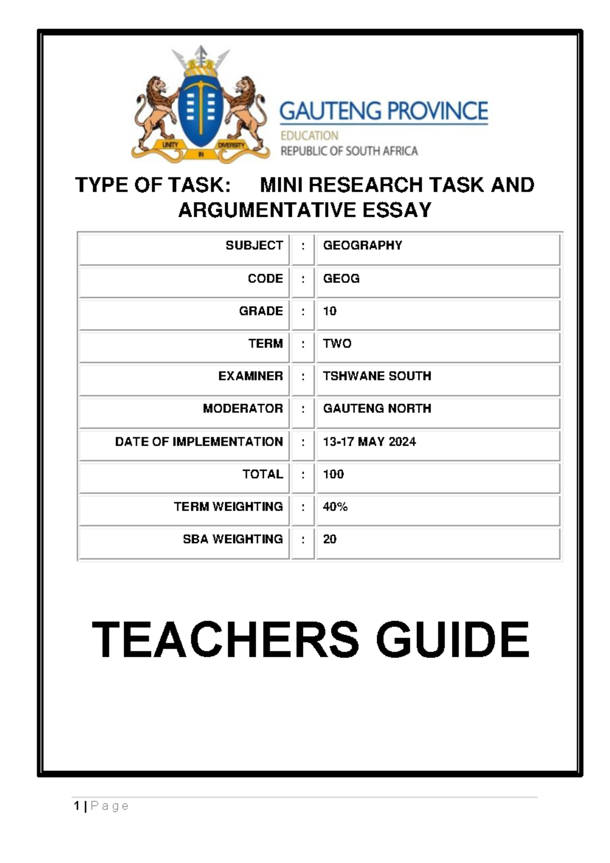 GR 10 Geography Mini Research & Argumentative Essay Guide - Studocu