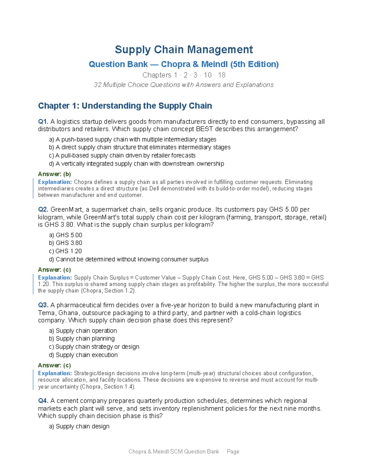 SCM 5th Ed. Question Bank: MCQs & Answers for Chapters 1, 2, 3, 10, 18 ...