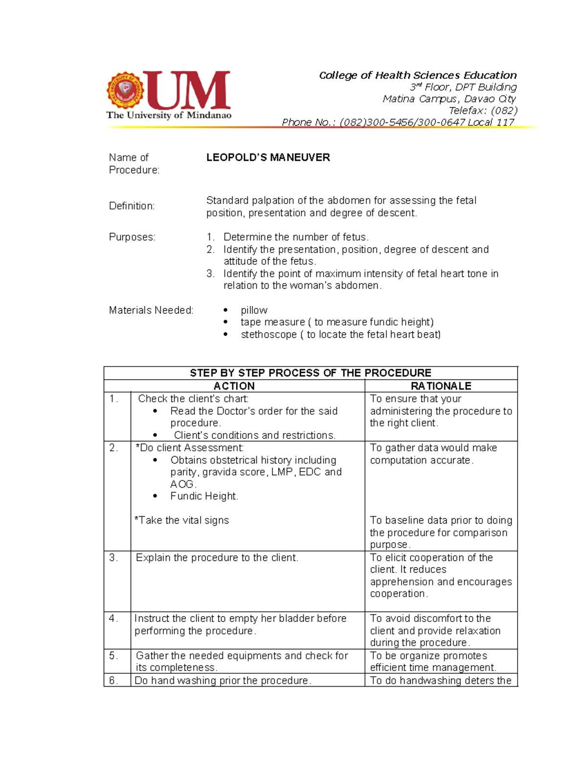 Leopold's Maneuver Procedure & Checklist (Health Sci - CD/ID/ND) - Studocu