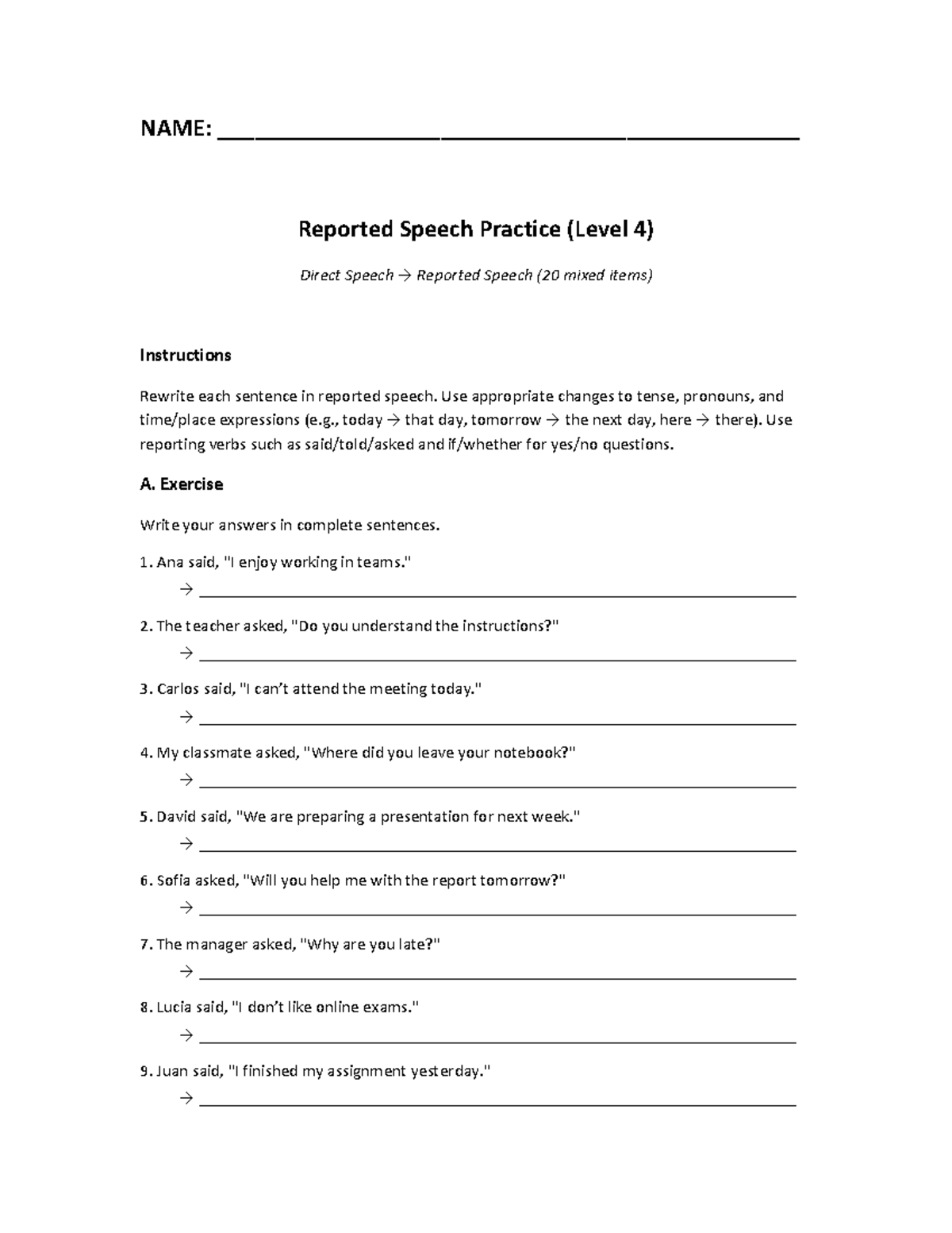 Level 4 Reported Speech Practice: Direct to Indirect Speech Exercises ...