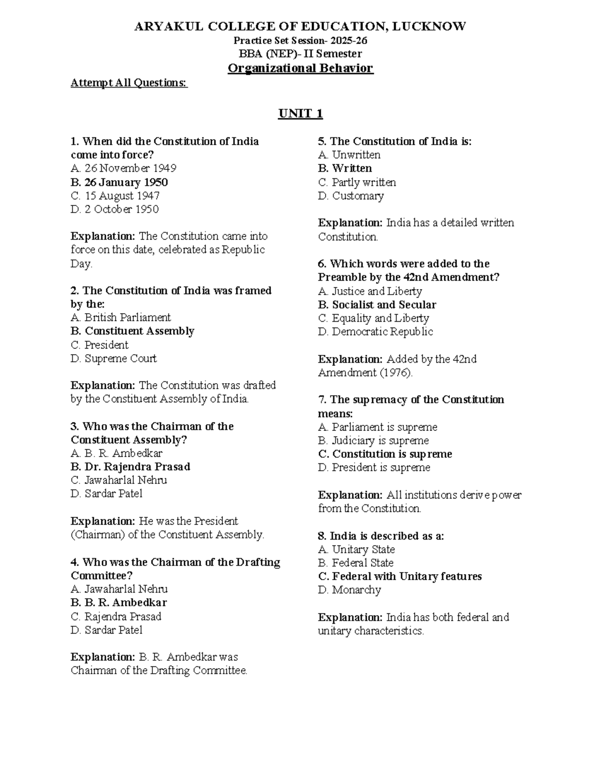 BBA II Sem: Practice Set on Indian Constitution - Unit 1 & 2 - Studocu