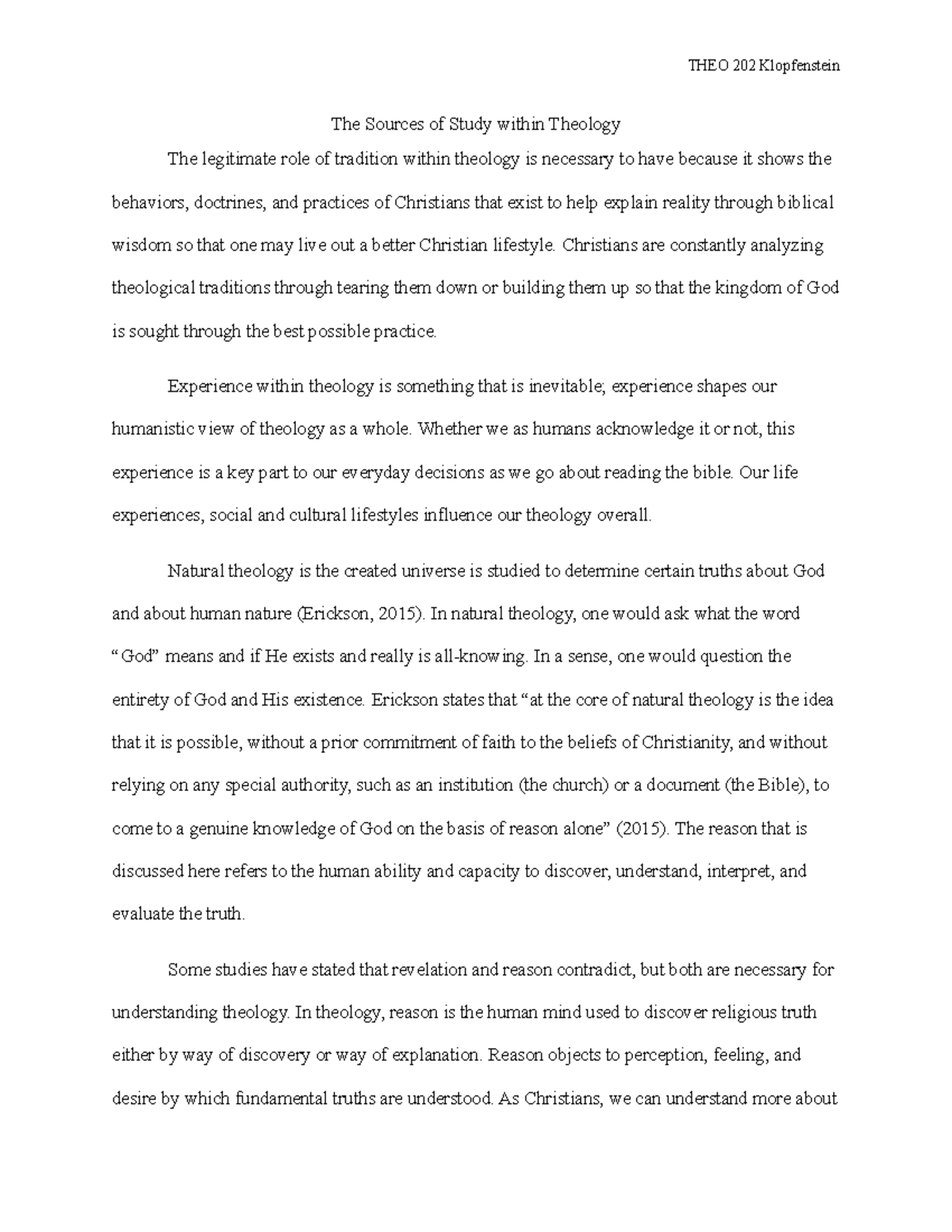 THEO 202 Klopfenstein: Theology Essay on Sources of Study and Tradition ...