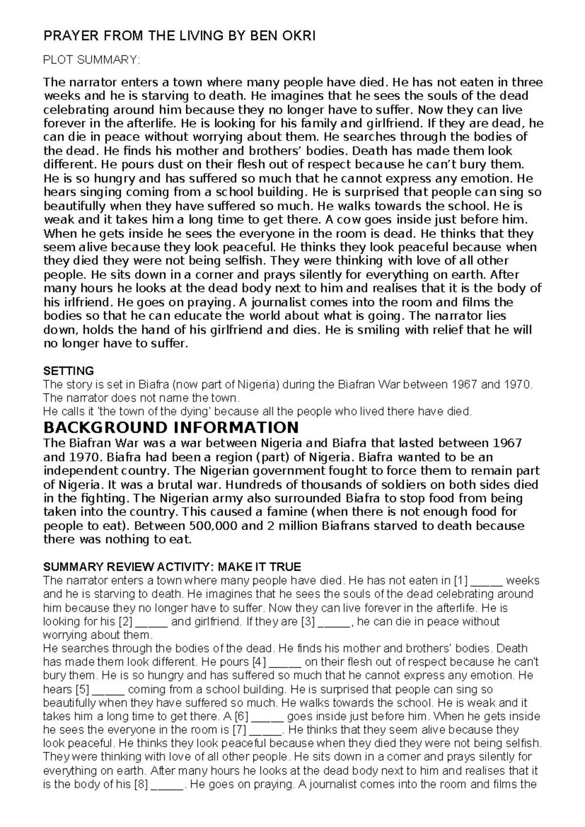 PRAYER FROM THE LIVING (BEN OKRI) - PLOT SUMMARY & ANALYSIS - Studocu