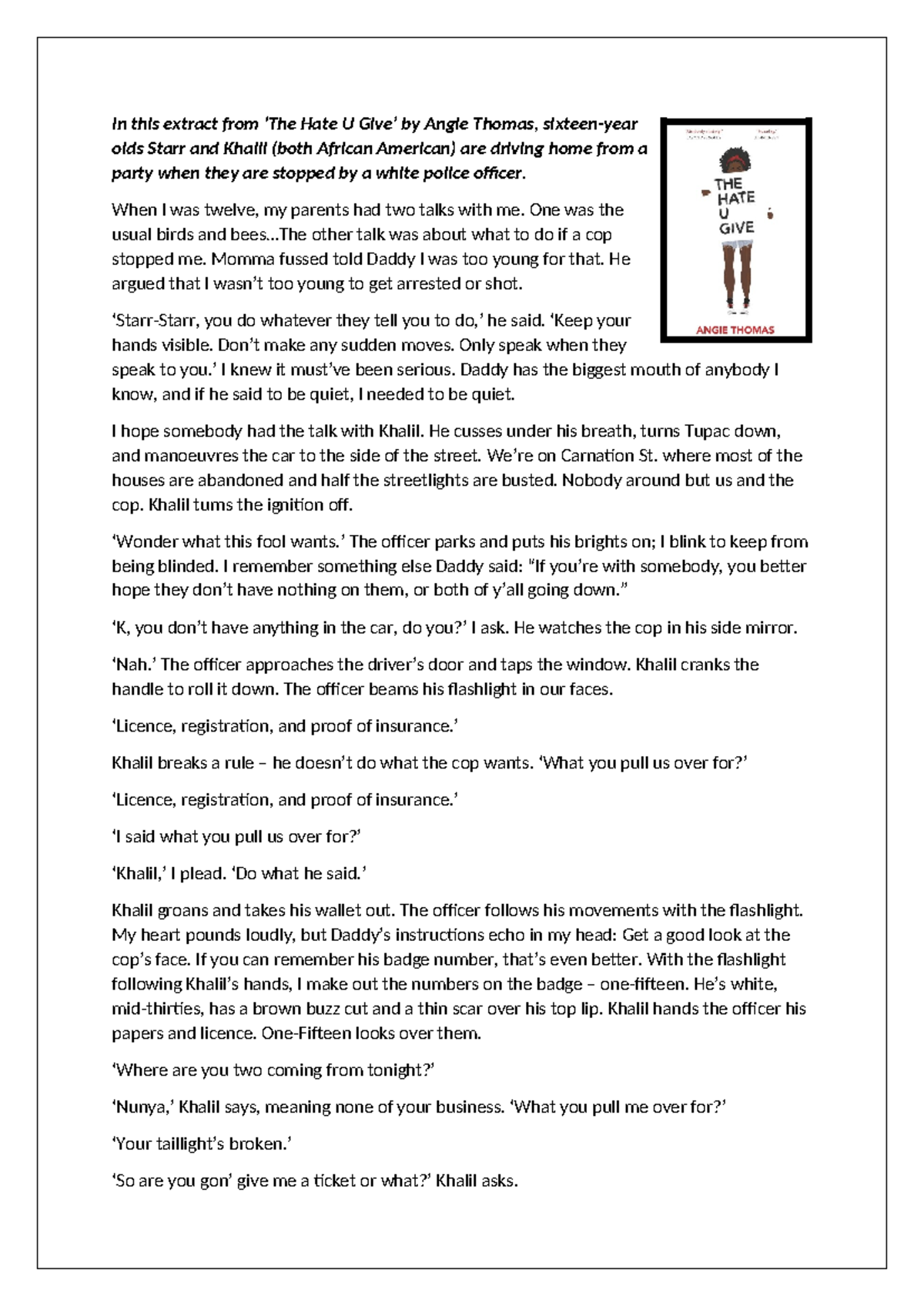 ENG 202: Analysis of Key Themes in 'The Hate U Give' Extract - Studocu