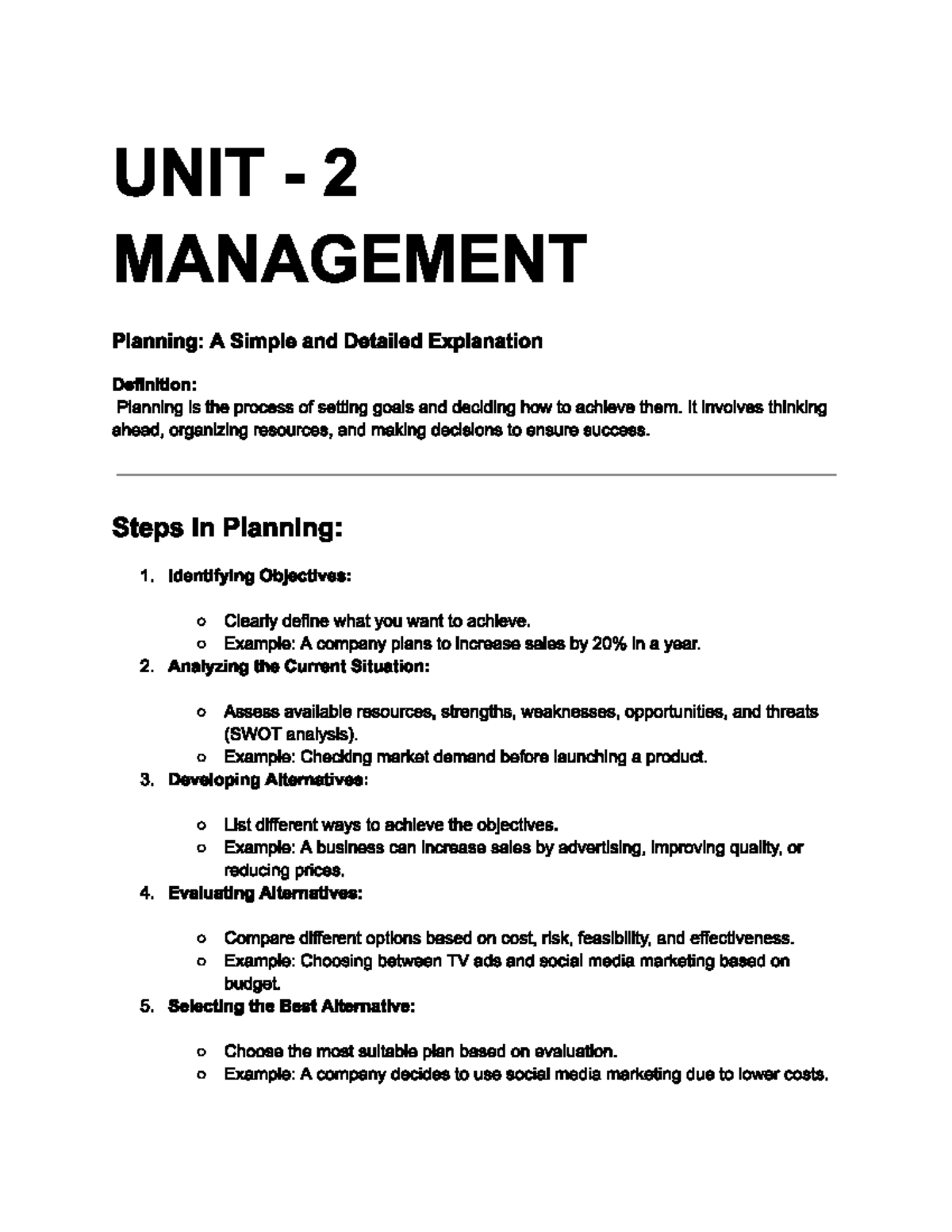Management Unit 2: Detailed Insights on Planning and Organizing - Studocu