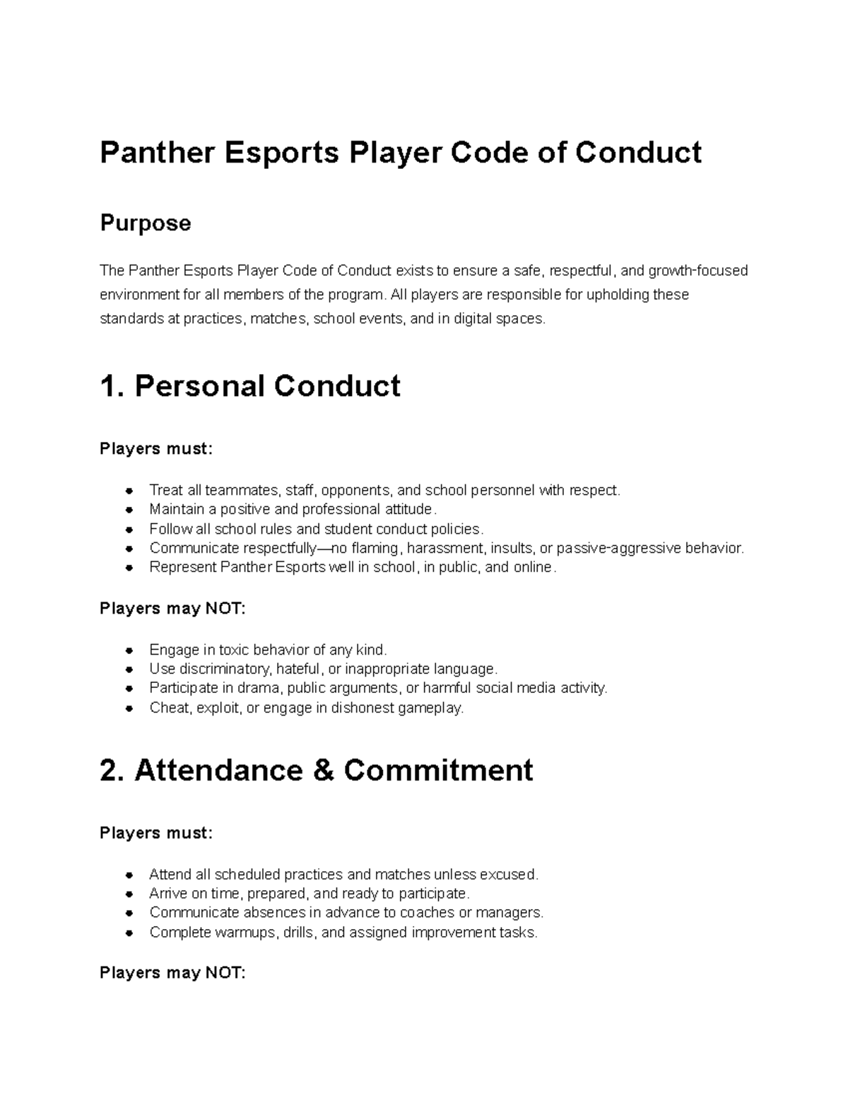 Panther Esports Player Code of Conduct Guidelines - Studocu