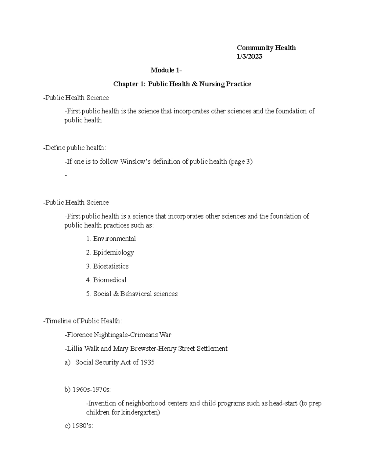 Mod 1 Notes - Lecture - Community Health 1/3/ Module 1- Chapter 1 ...