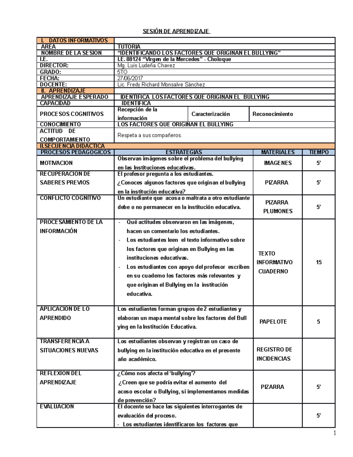 Sesion DE Aprendizaje Bullyng - SESIÓN DE APRENDIZAJE I. DATOS INFORMATIVOS AREA TUTORIA NOMBRE ...
