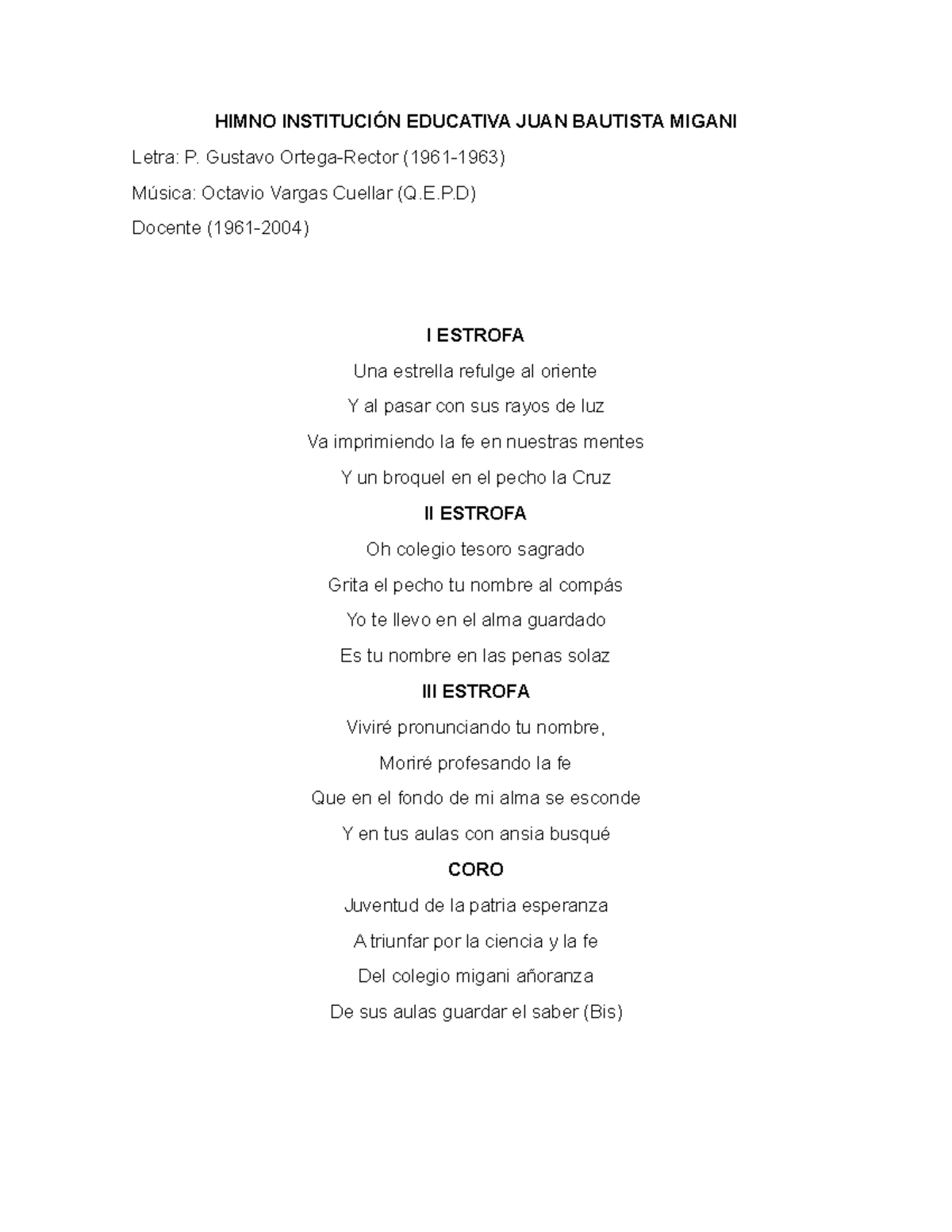 Himno Institución Educativa JUAN Bautista Migani: Letra y Música - Studocu