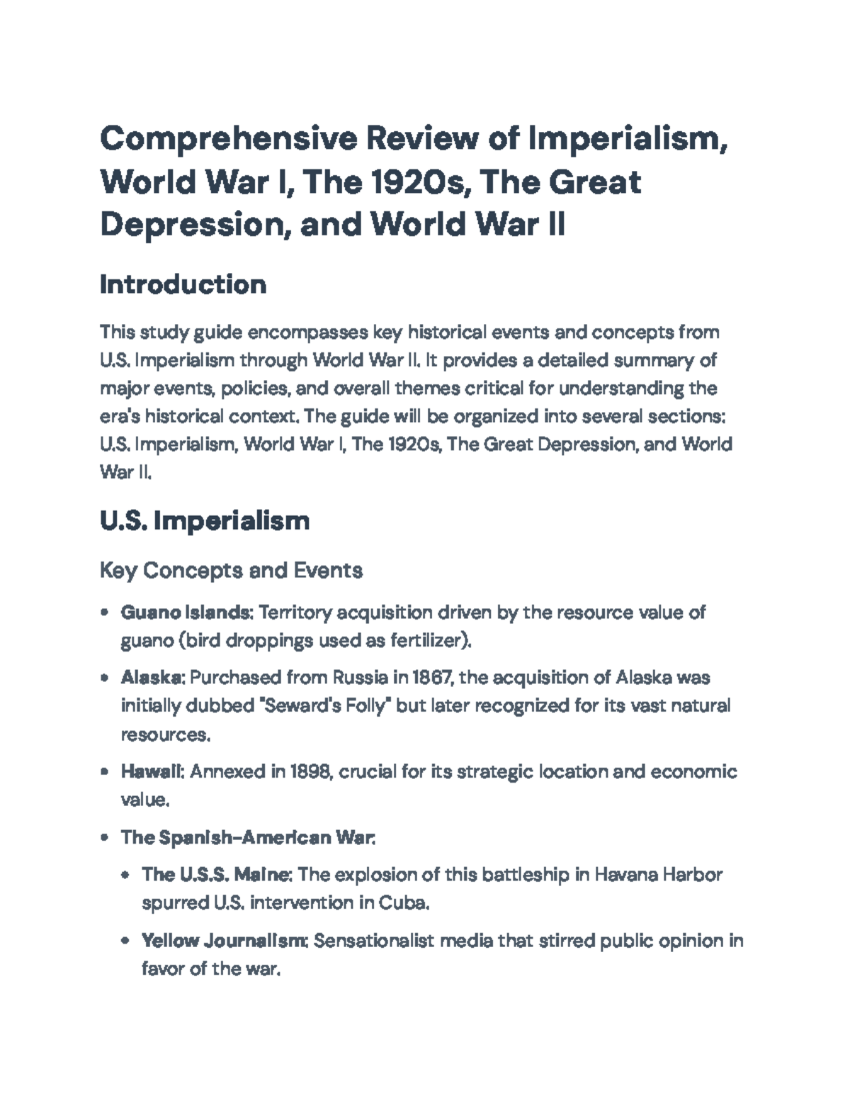 Comprehensive Study Guide on U.S. History: Imperialism to WWII (HIST ...
