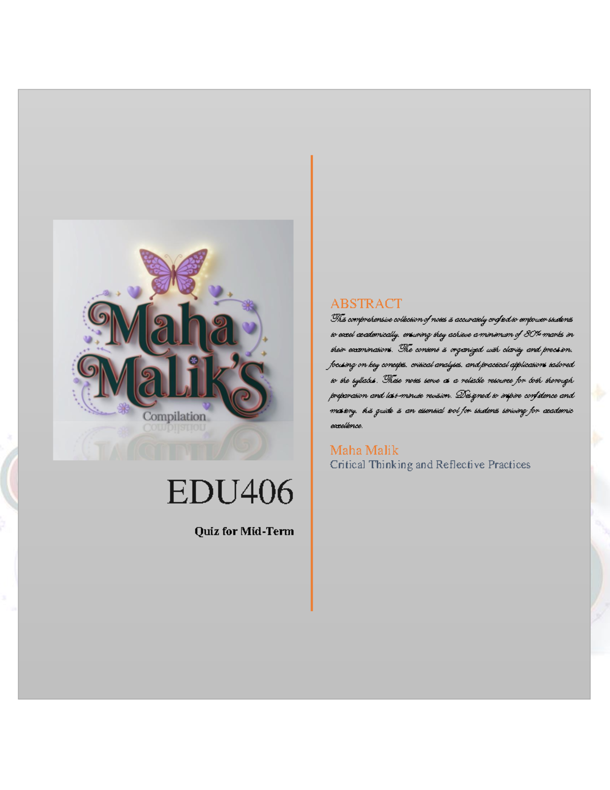 EDU406 Mid-Term Quiz: Critical Thinking & Reflective Practices ...