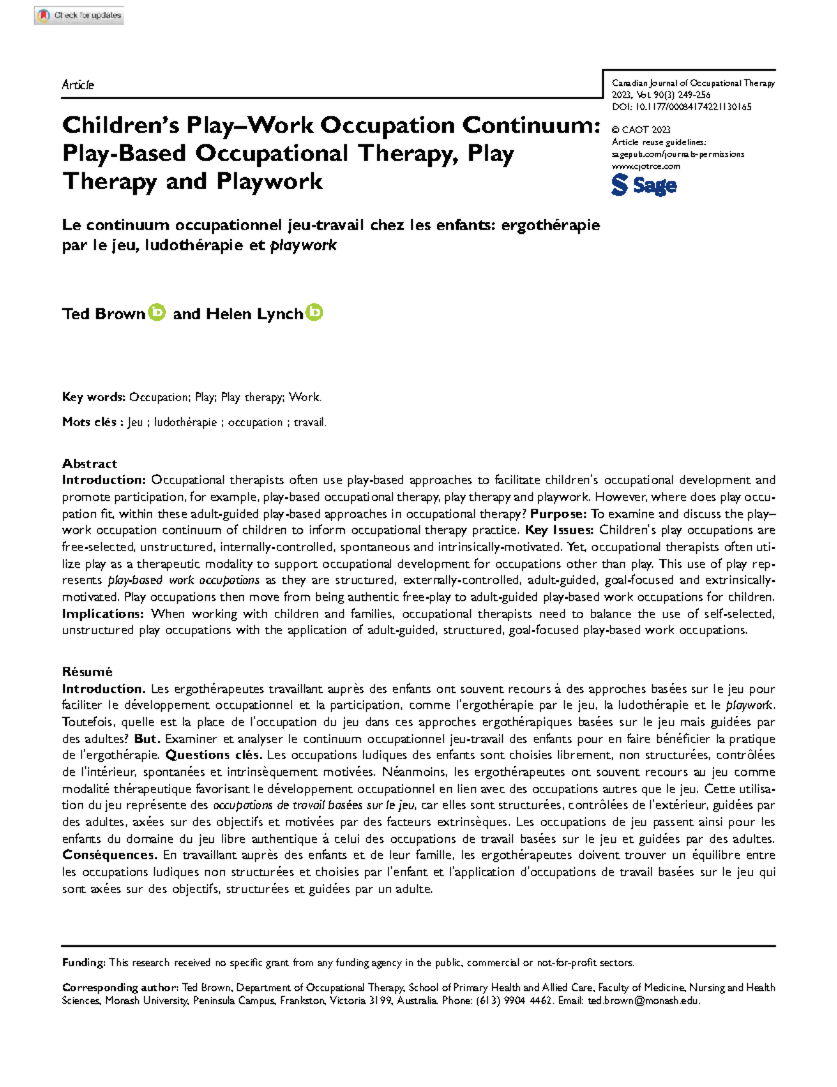 Children's Play-Work Occupation Continuum: Insights on Play-Based ...