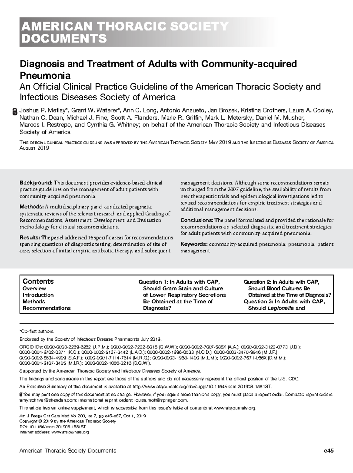 CAP Diagnosis and Treatment Guidelines 2019: ATS/IDSA Recommendations ...
