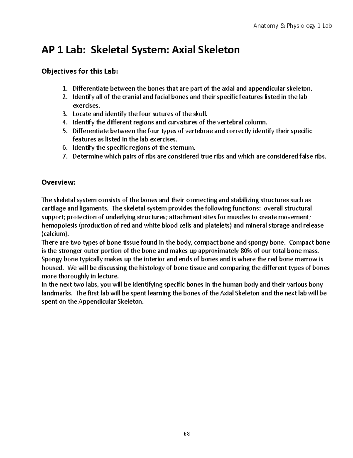 AP 1 Lab: Axial Skeleton Overview and Bone Identification Guide - Studocu