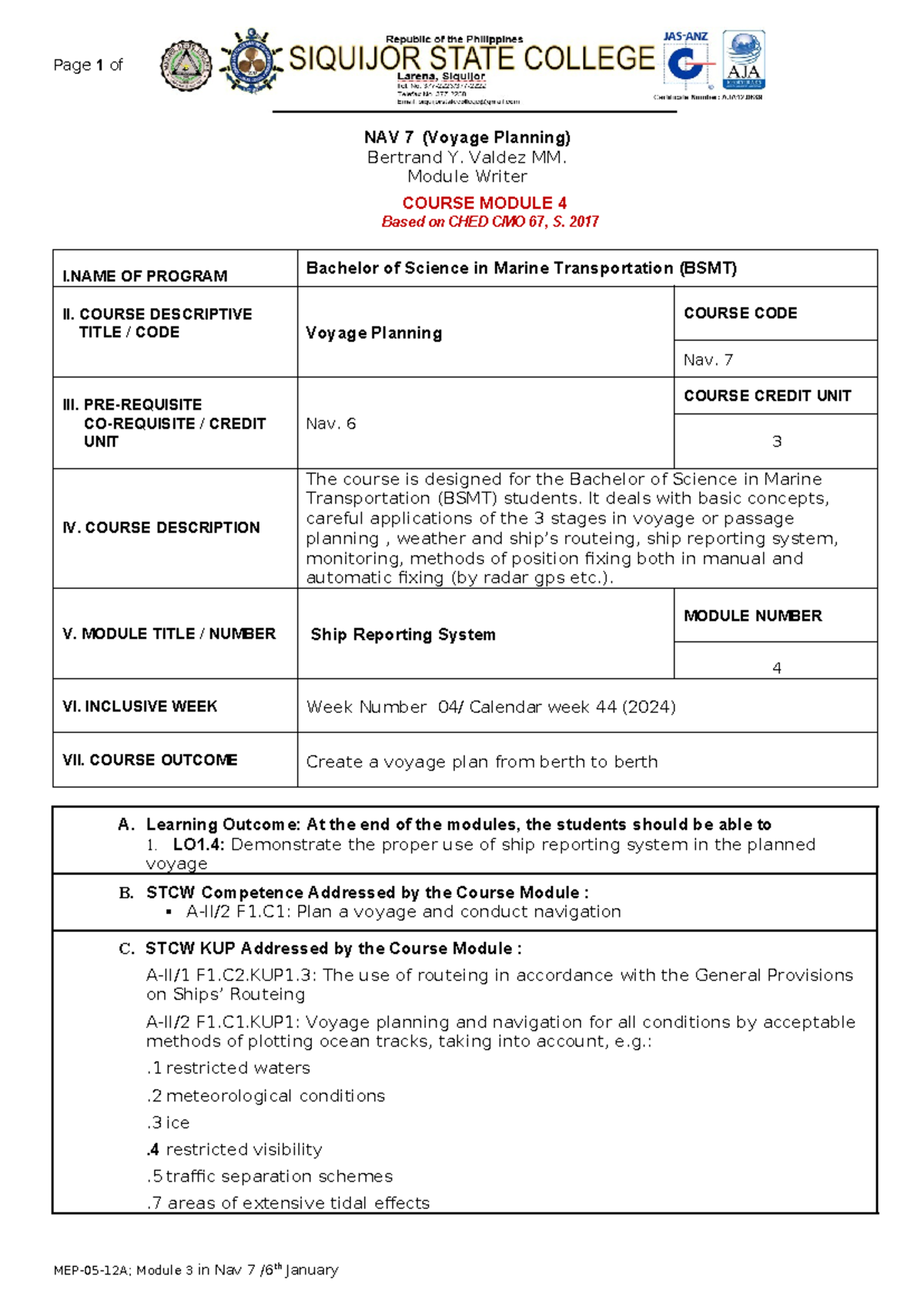 NAV 7 Module 4: Voyage Planning and Ship Reporting System Overview ...