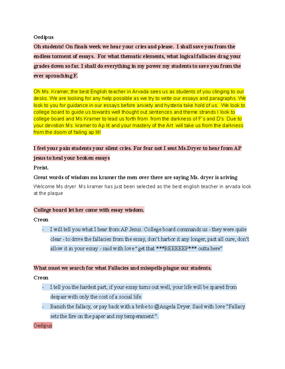 Oedipus Lines - Thehfwgwhegw - Oedipus Oh students! On finals week we ...