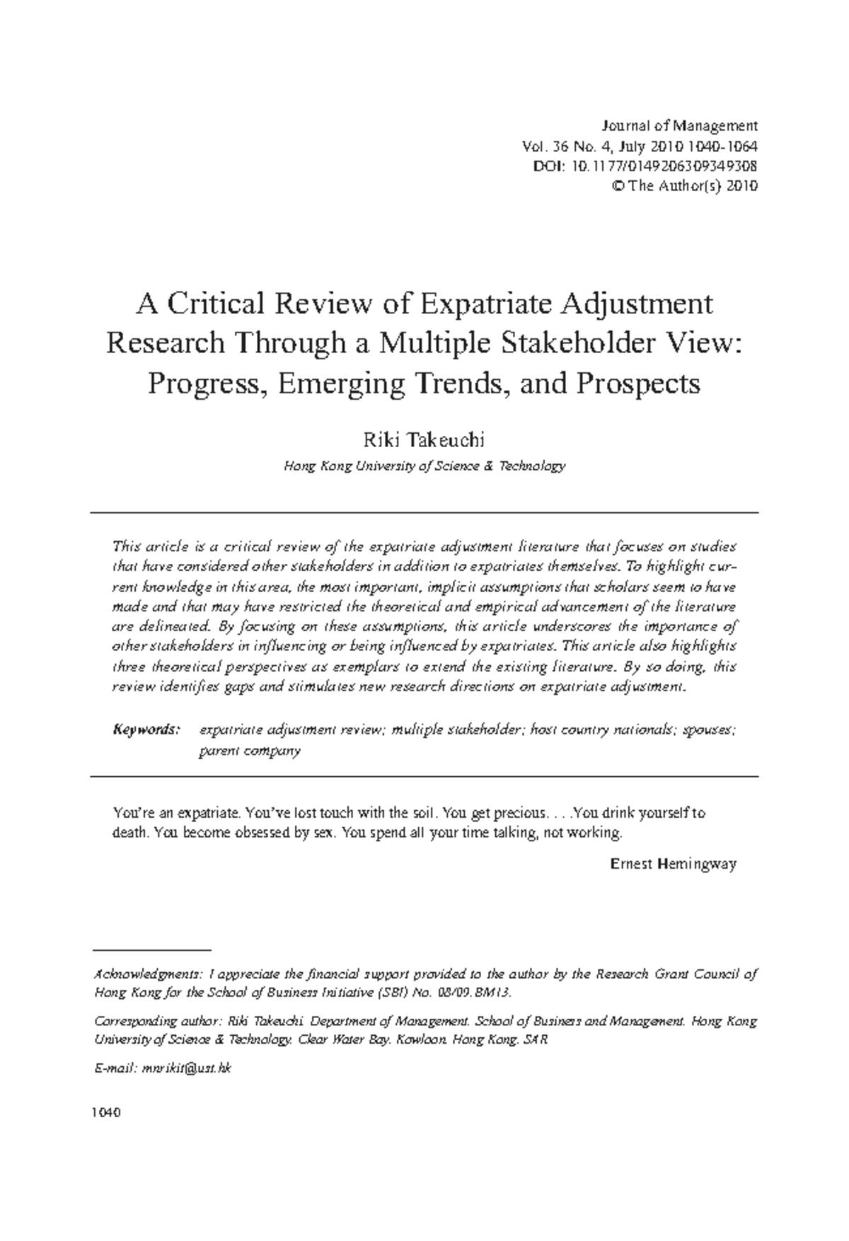 Takeuchi 2010: A Critical Review of Expatriate Adjustment Research ...