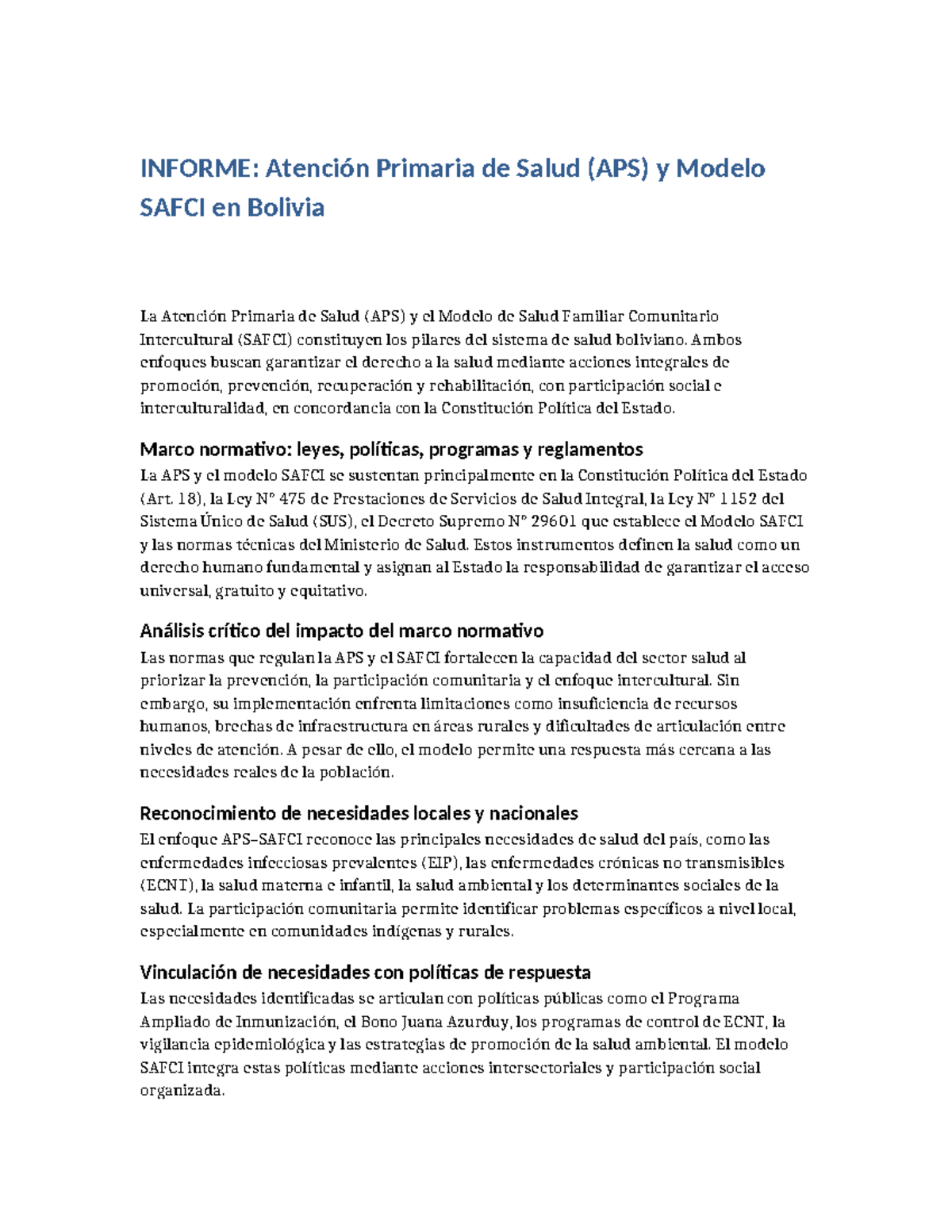 Informe sobre APS y Modelo SAFCI en Bolivia: Análisis y Normativa - Studocu