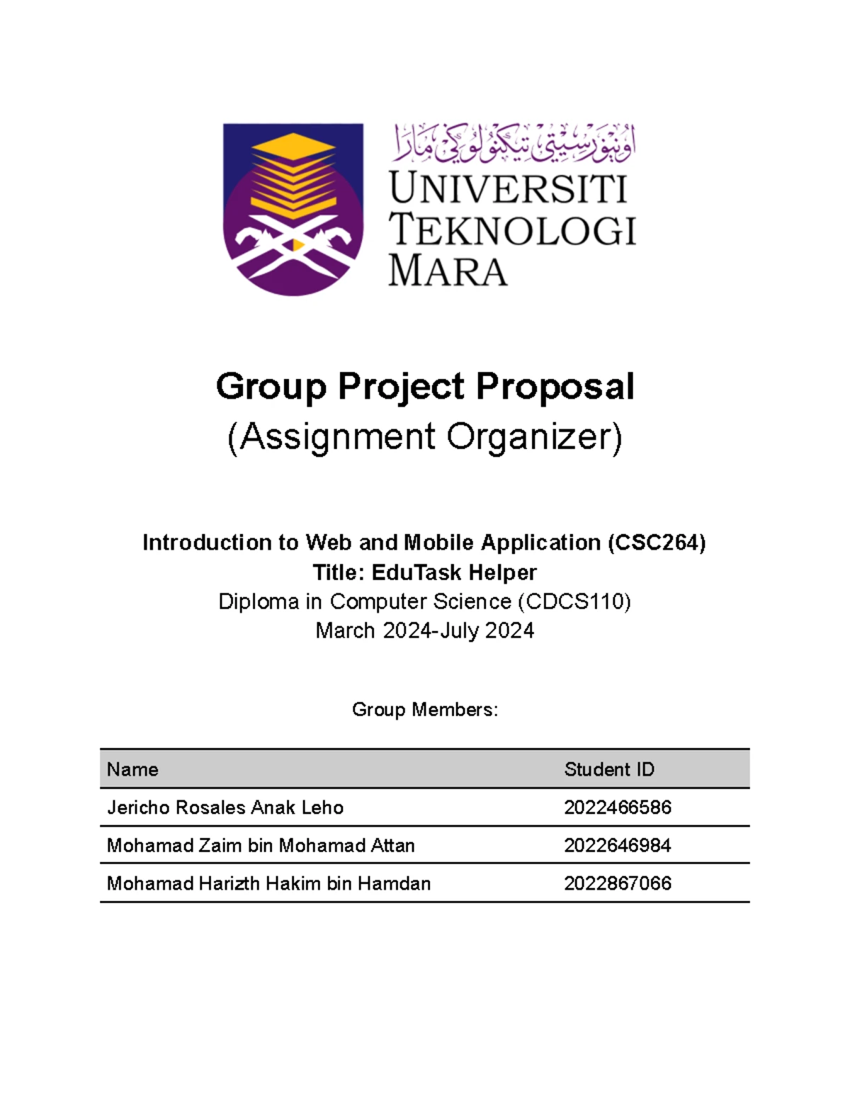 EduTask Helper Proposal for CSC264 Group Project (2024) - Studocu
