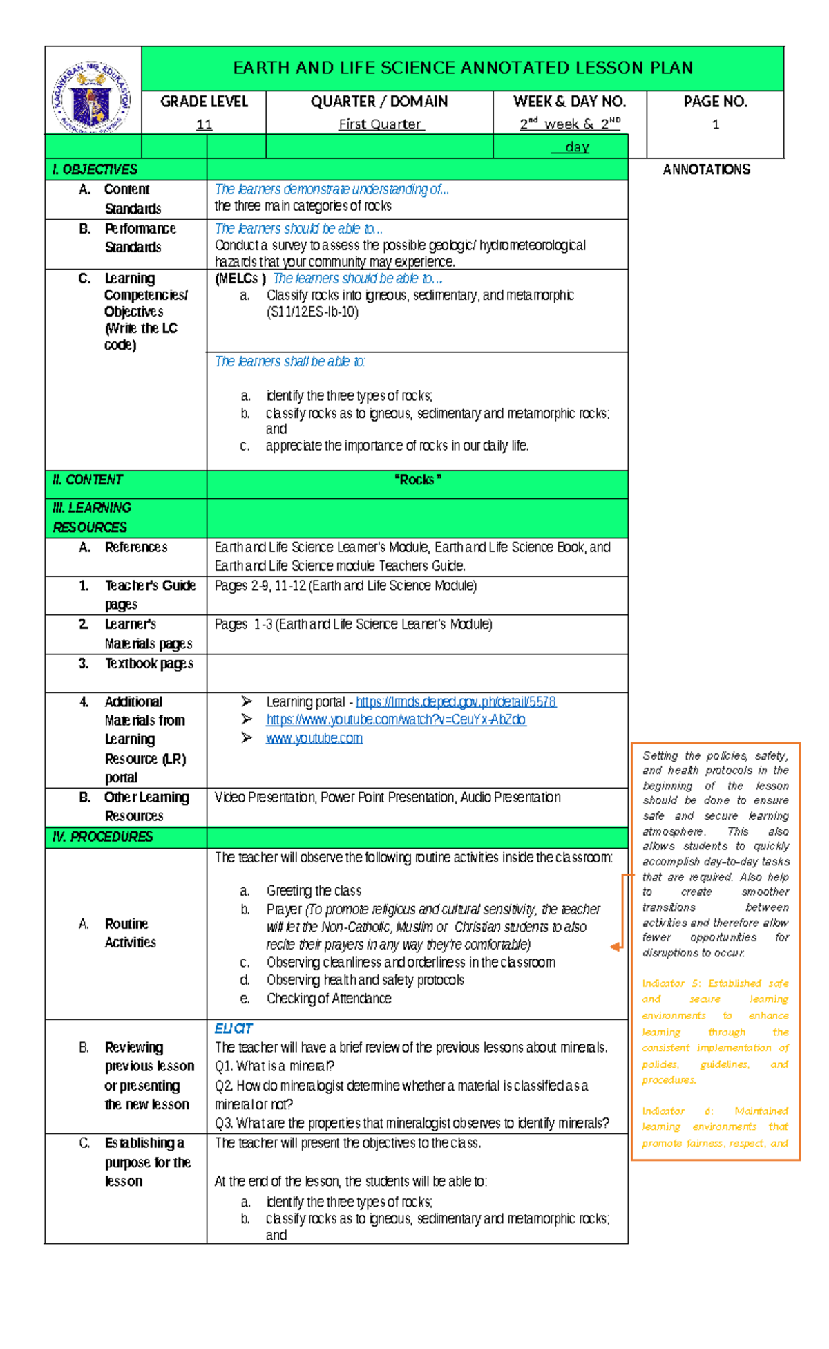 Daily Lesson Plan: Understanding Rocks for Senior High School (S11/12ES ...