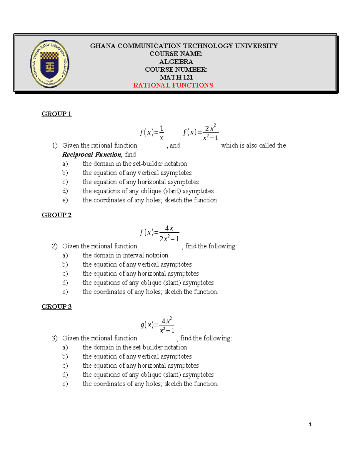 Quiz on Rational Functions for MATH 121 at Ghana Communication Tech ...