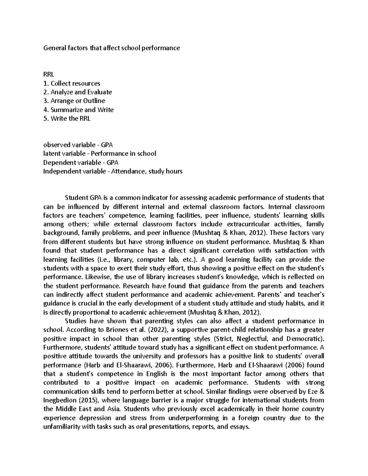 Factors Influencing Student Performance in School: A Review of RRL ...