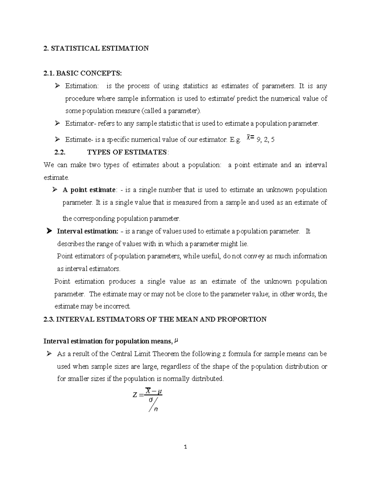 CH-2: Statistical Estimation and Interval Estimation Concepts - Studocu