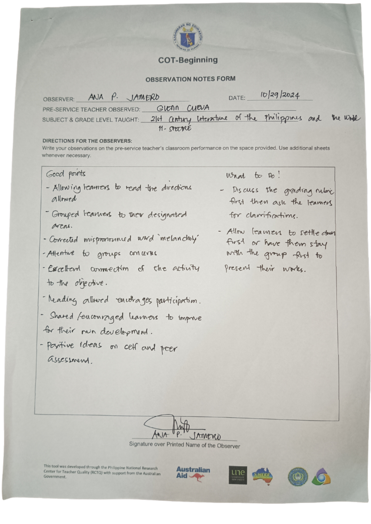 Cueva, Glenn - COT 1 - Classroom Observation Notes - Studocu