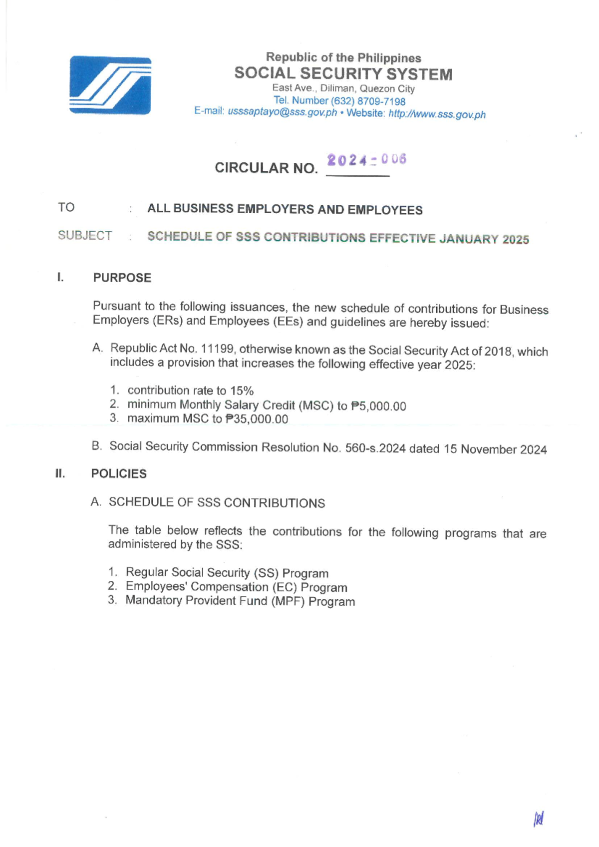 CI2024-006 - Updated Schedule of SSS Contributions for 2025 - Studocu