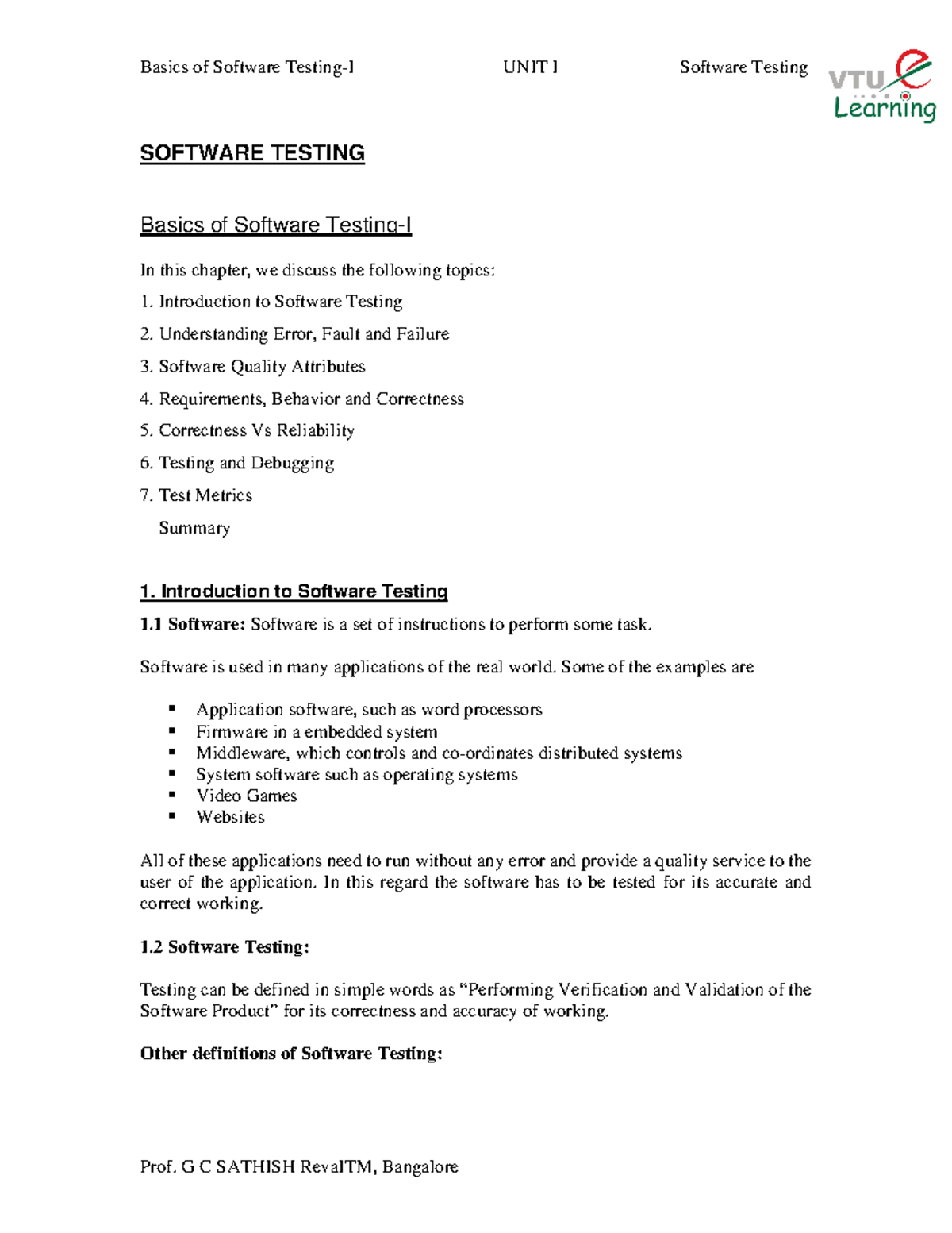 Unit1-SV - 4 module - SOFTWARE TESTING Basics of Software Testing-I In ...