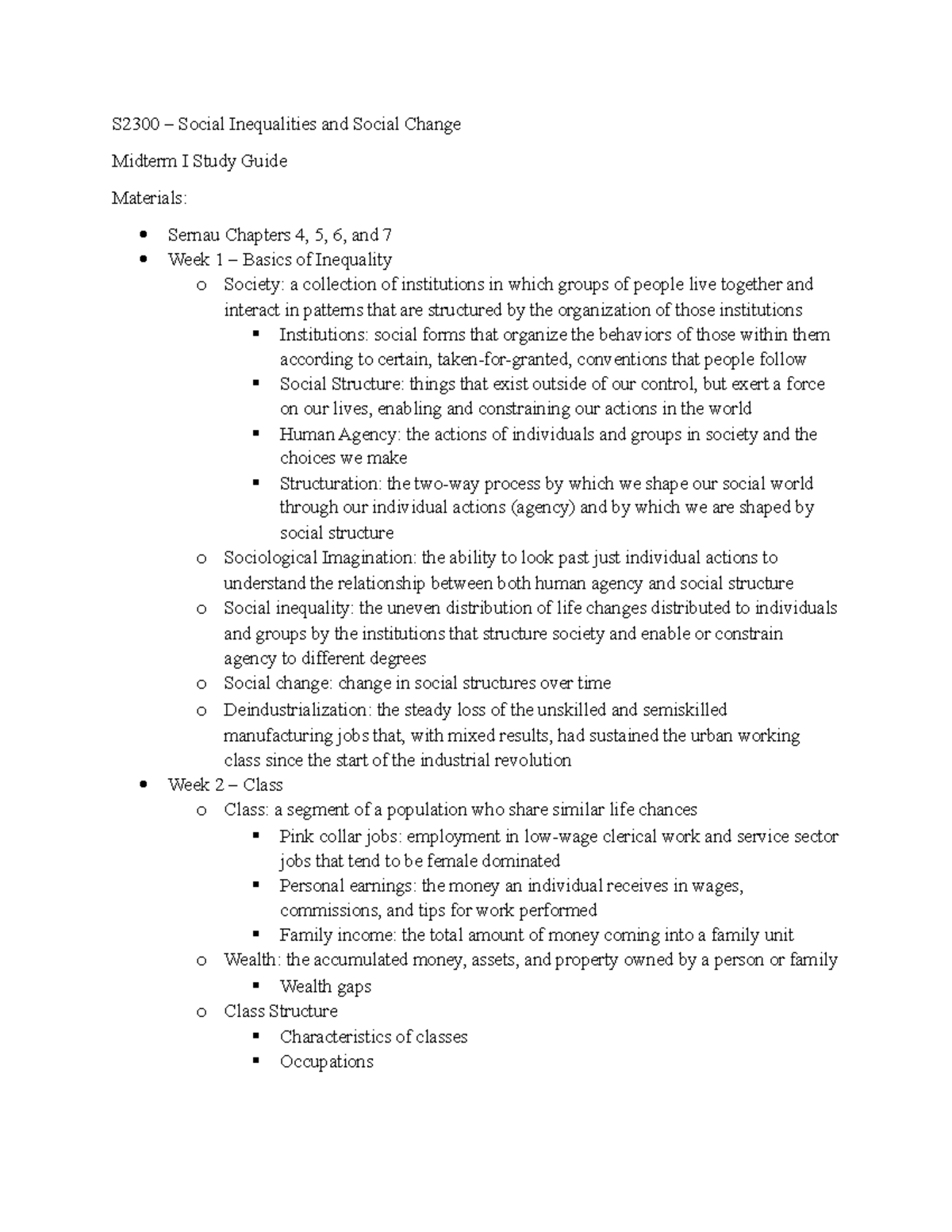 S2300 Social Inequalities & Change Midterm I Study Guide: Key Concepts ...