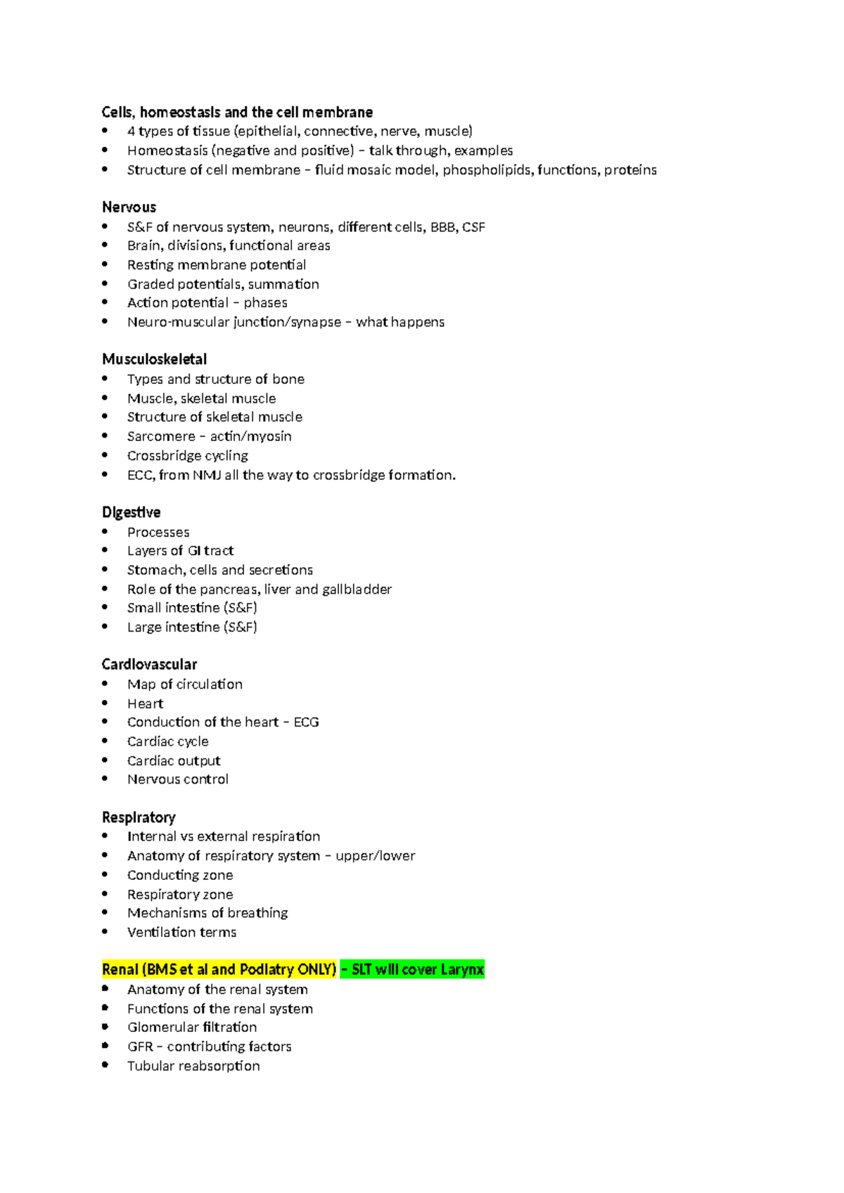 Revision List for EXAM 1: Cells, Homeostasis, and Body Systems - Studocu