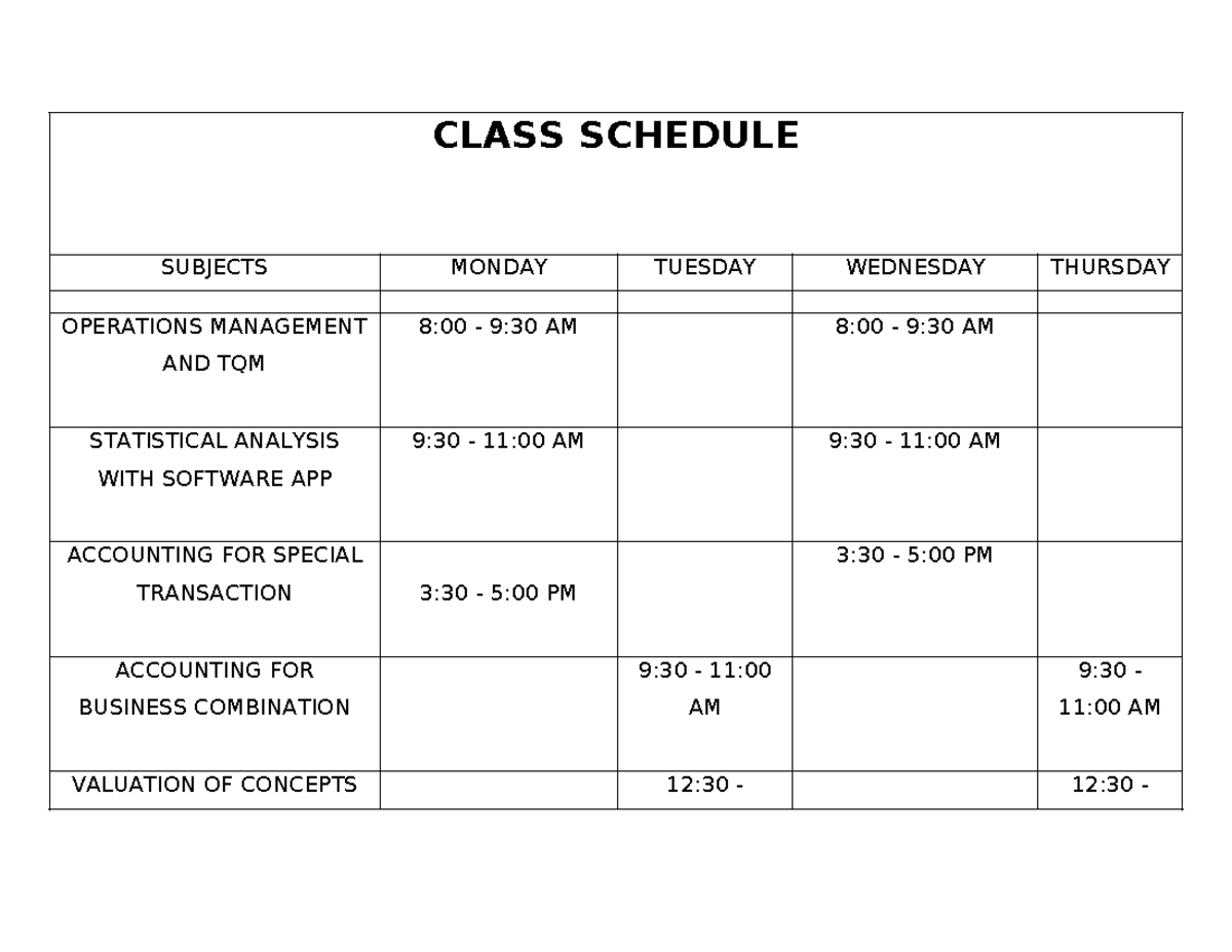 Class Schedule - sched - accountancy - CLASS SCHEDULE SUBJECTS MONDAY ...