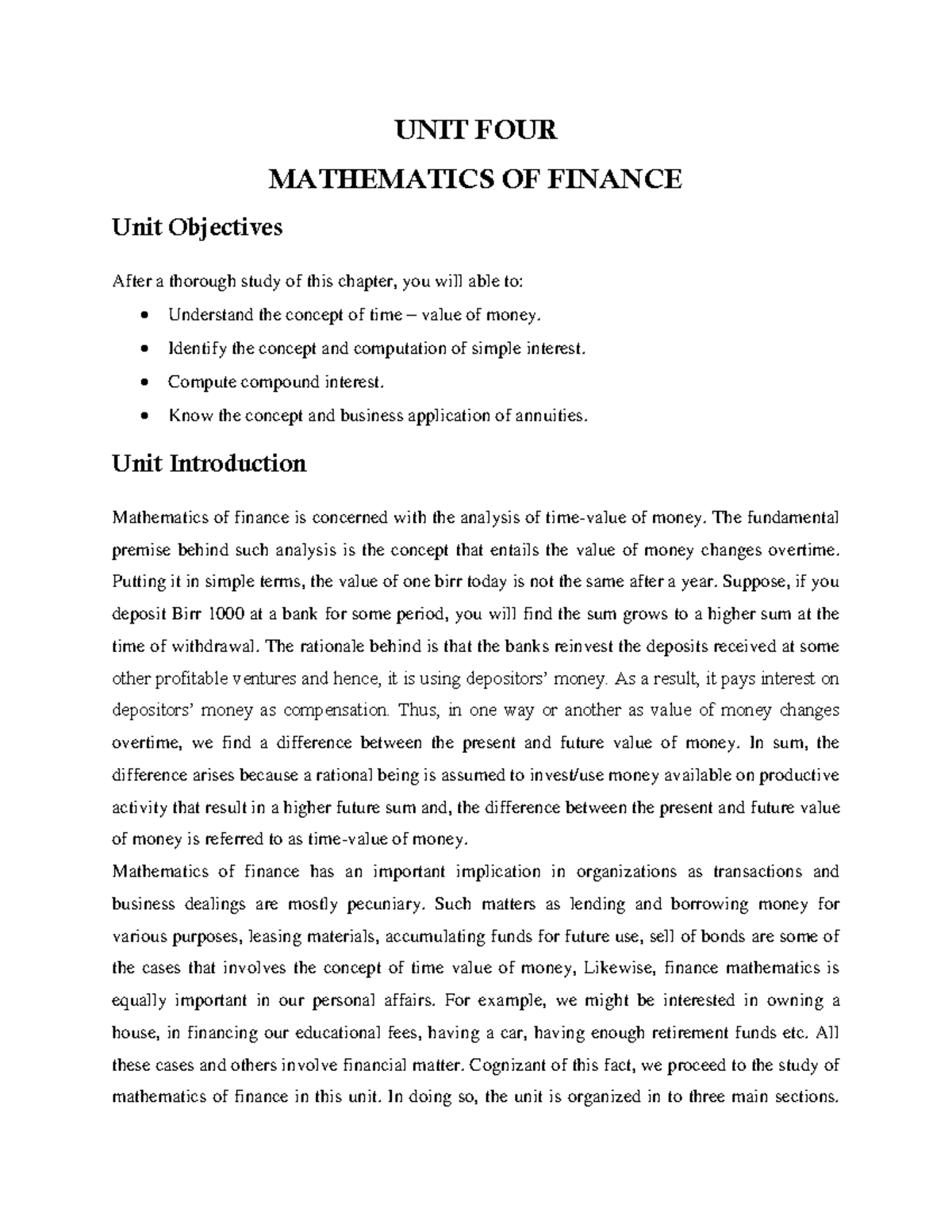 Maths chapter 4 - Software - UNIT FOUR MATHEMATICS OF FINANCE Unit ...