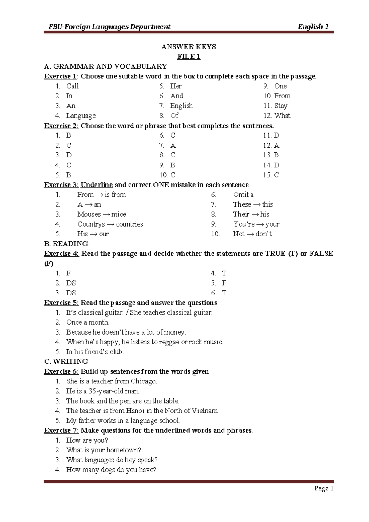 English 1 Answer Keys: Grammar, Vocabulary, Reading & Writing - Studocu