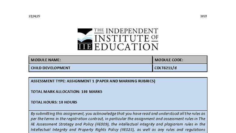 Child Development Assignment 1 (CDLT6211) - Guidelines & Rubrics - Studocu