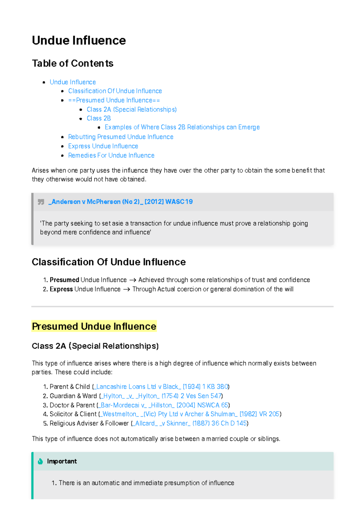 Undue Influence - Lecture Notes (Classification Overview) - Studocu