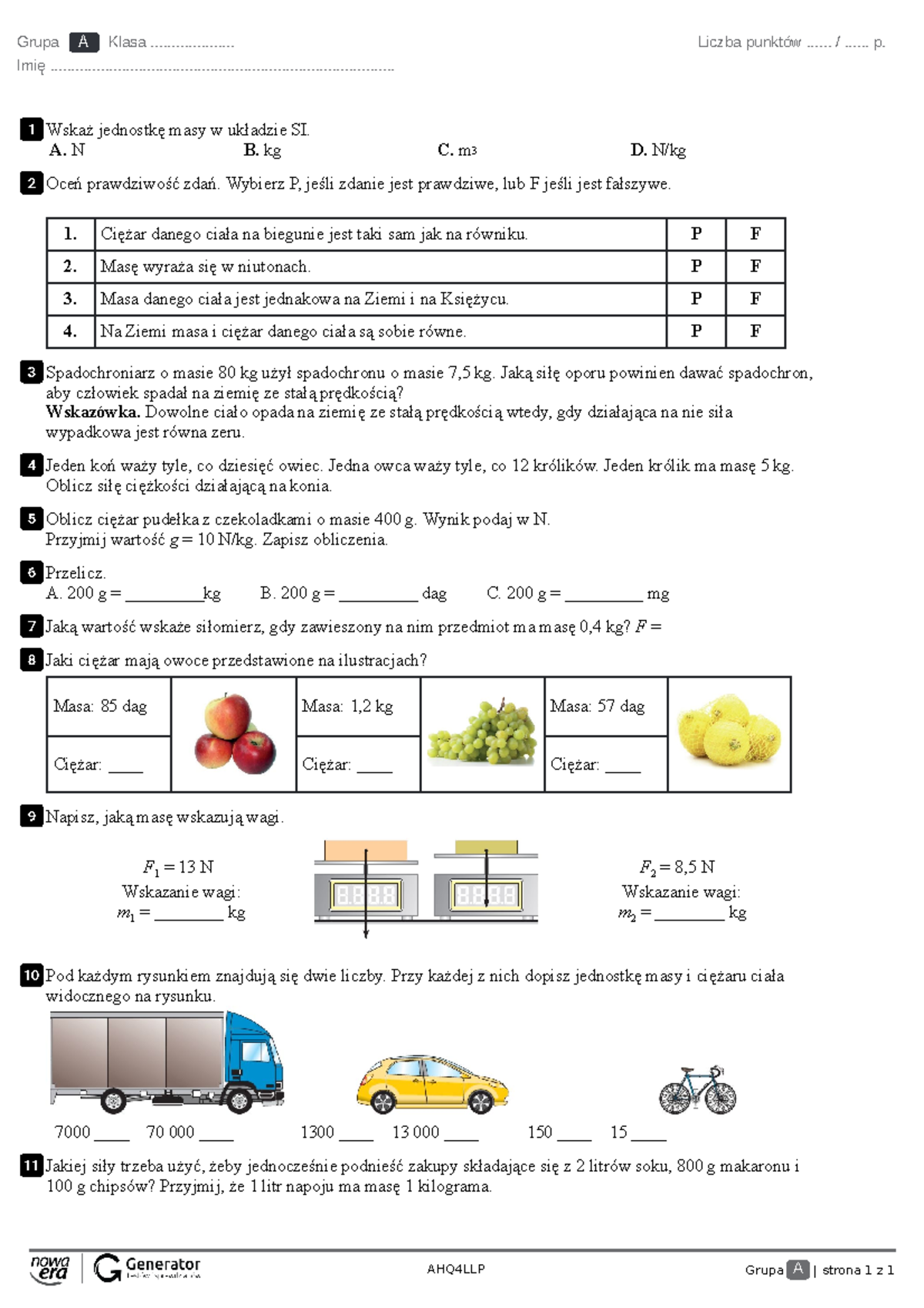 Test 2.11: Masa, Siła Ciężkości i Obliczenia - Grupa A - Studocu
