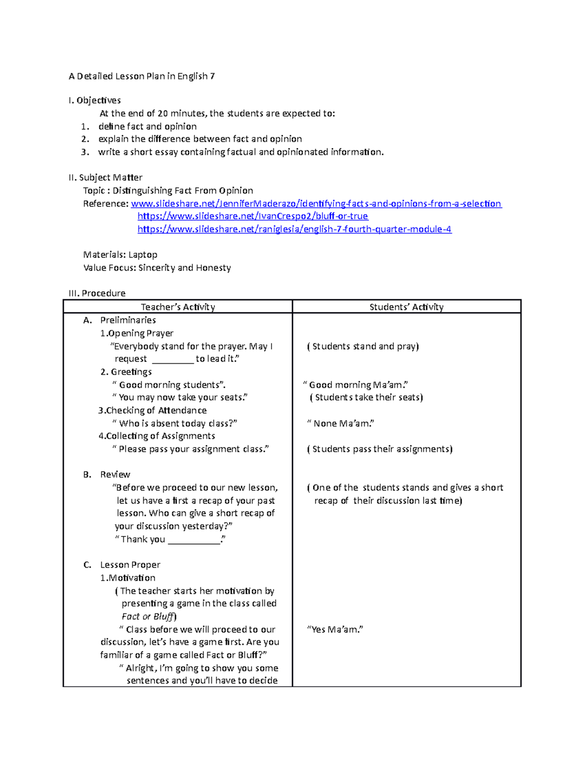 Detailed Lesson Plan: Distinguishing Fact from Opinion (Eng 7) - Studocu