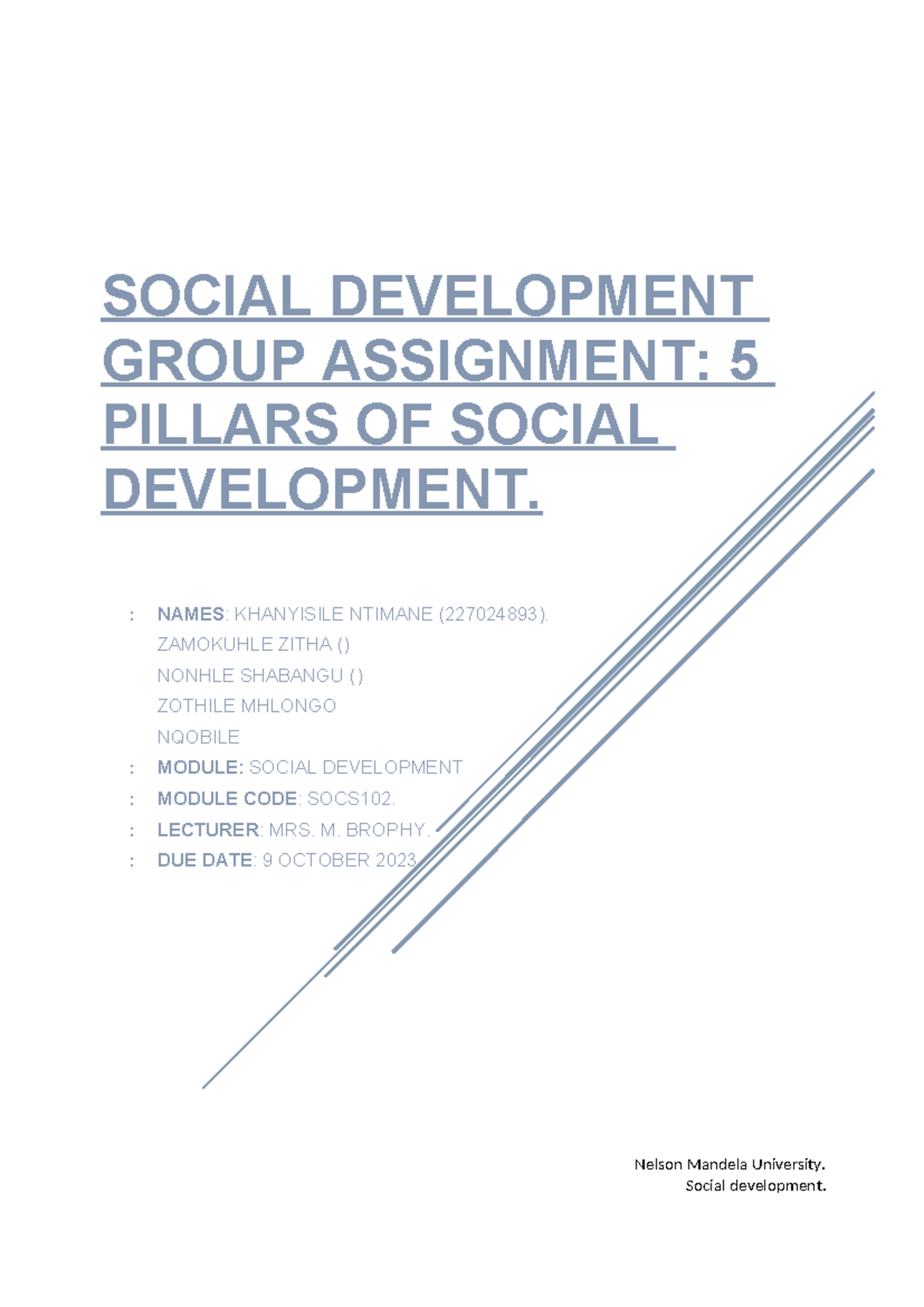 SOCS102 Group Assignment: 5 Pillars of Social Development - Studocu