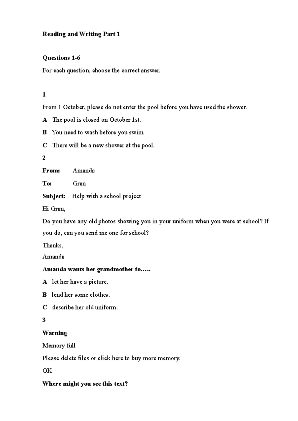 Reading and Writing Practice Questions for ESL Students - Studocu