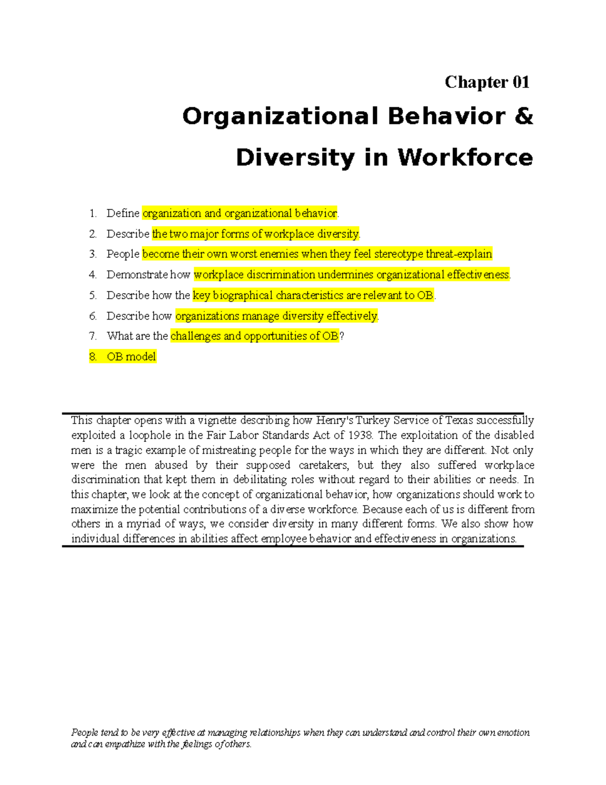 Chapter 01 OB - Lecture Notes on Organizational Behavior & Diversity ...