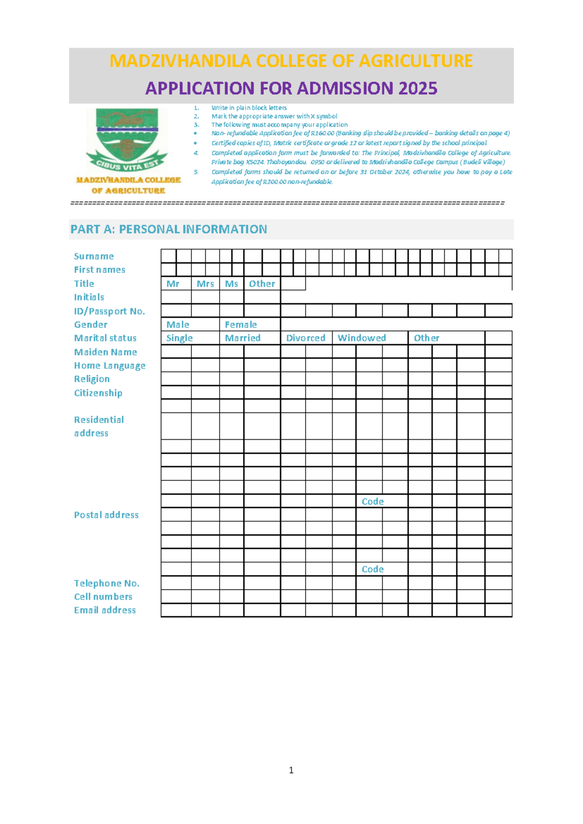 Madzivhandila College of Agriculture Diploma Application Form 2025 ...