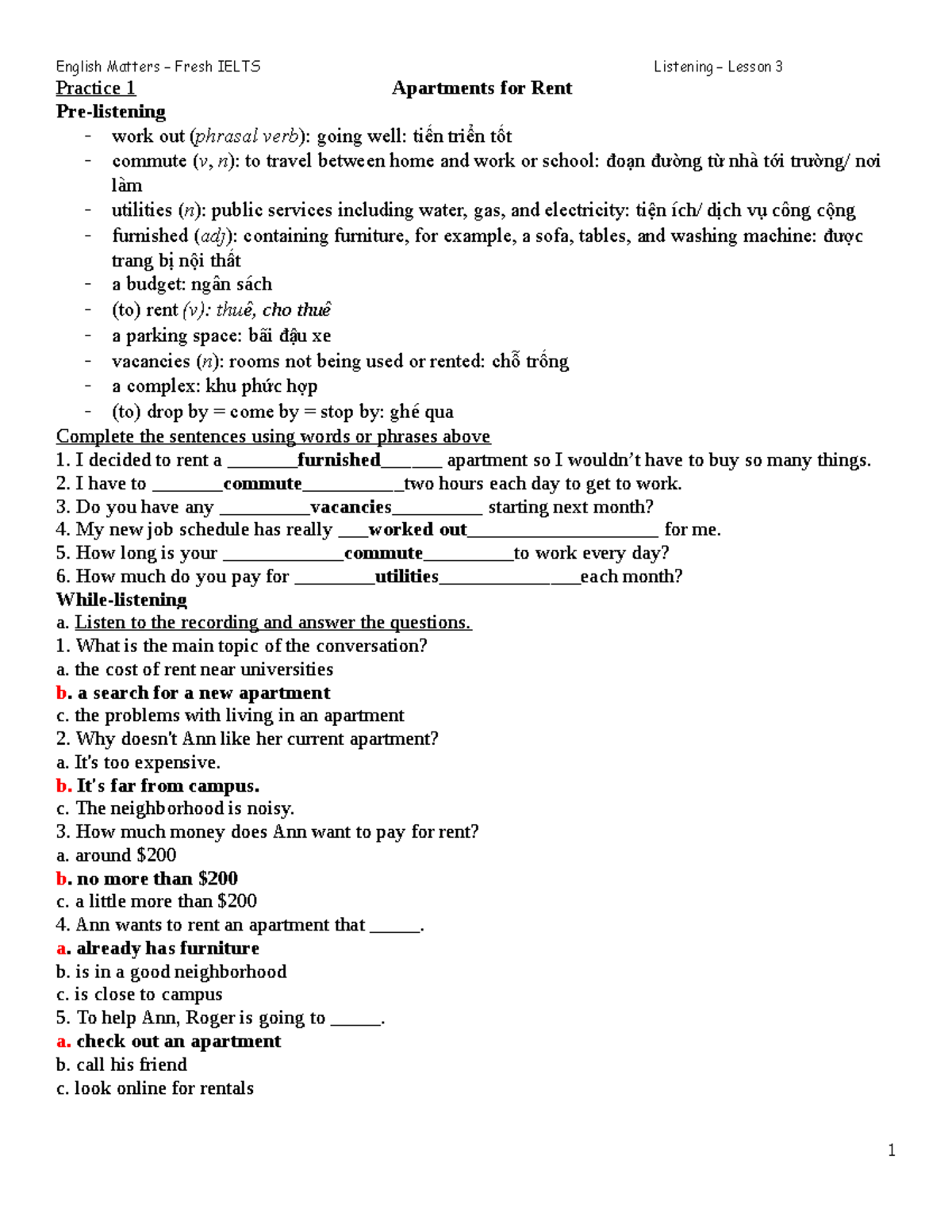 Fresh - Listening - Lesson 3: Renting Apartments and Commute Tips - Studocu