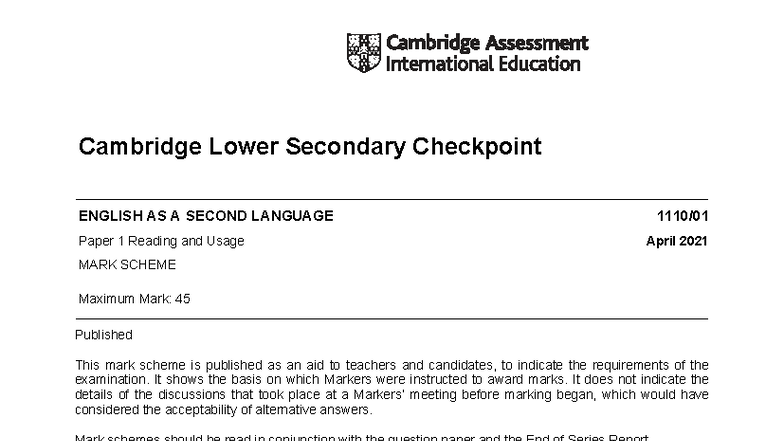 Cambridge Lower Secondary Checkpoint ESL P1 Reading & Usage Mark Scheme ...