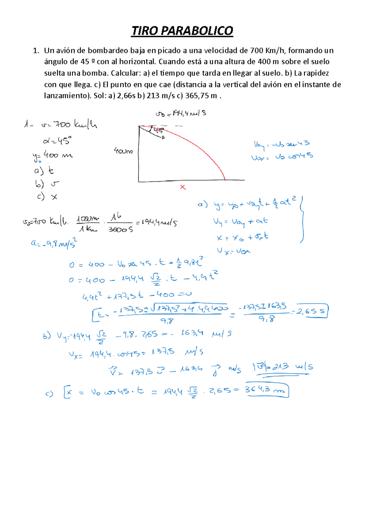 Ejercicios de TIRO PARABOLICO: Soluciones y Cálculos Detallados - Studocu
