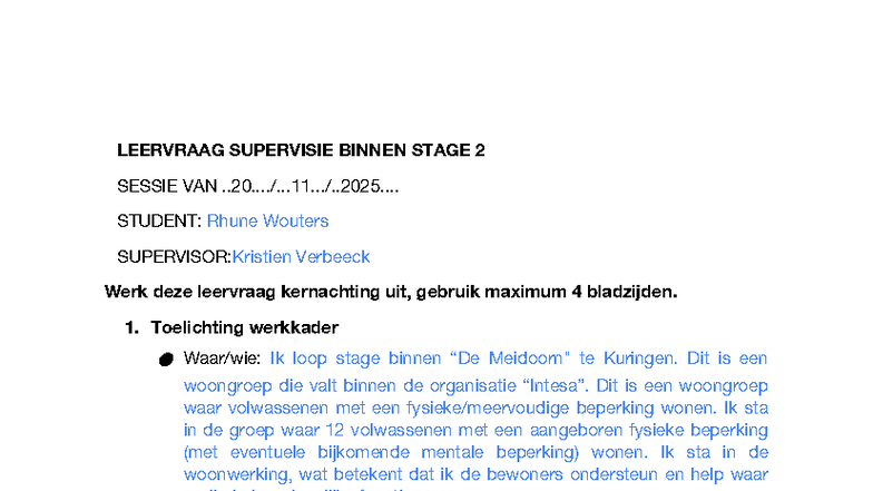 Leervraag Supervisie Stage 2: Reflectie op Autonomie en Handelen - Studocu